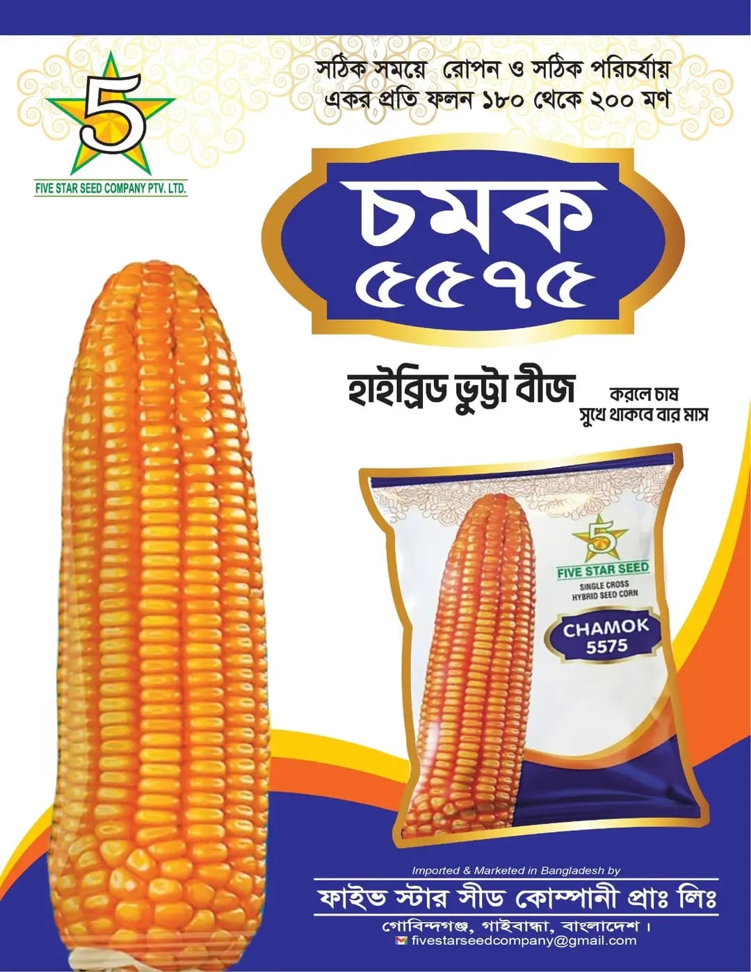 চমক ৫৫৭৫|হাইব্রিড ভূট্টা বীজ|ফাইভ স্টার সীড|Chamok 5575|Hybrid Maize S ...